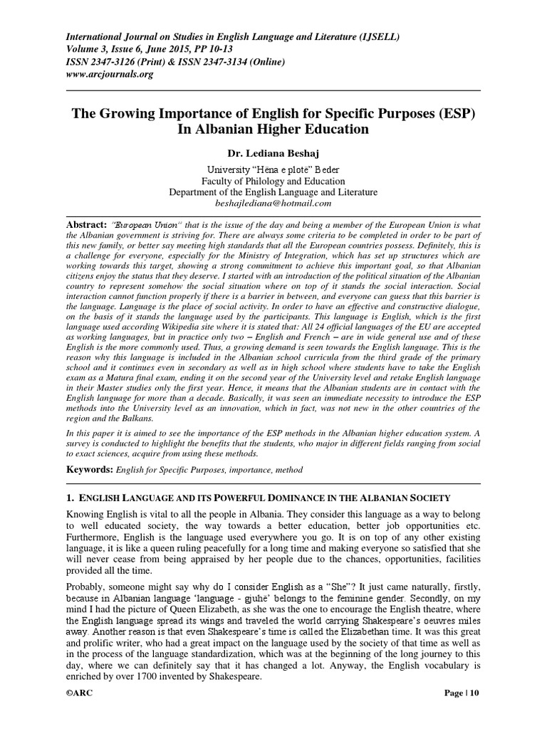 English For Specific Purposes | PDF | Students | English Language