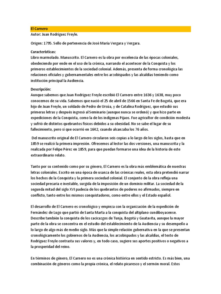 El Carnero: Crónica de la Conquista | PDF | Literatura en español ...