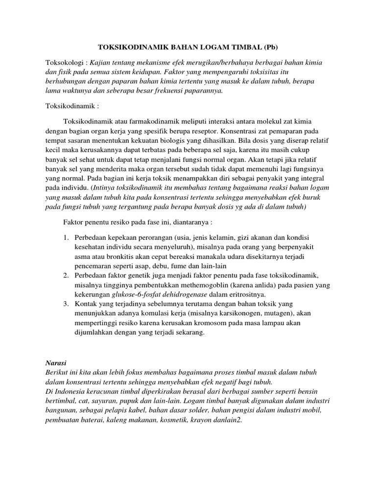 Toksikodinamik Bahan Logam Timbal | PDF
