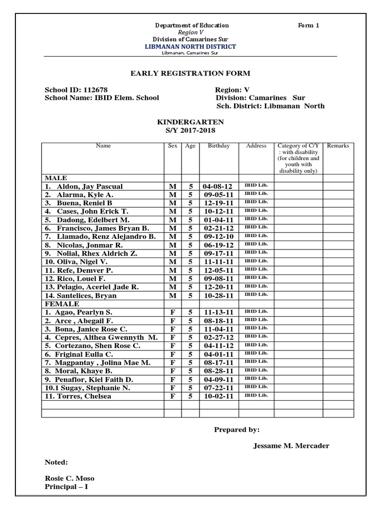 Early Registration Form 2017-2018 | PDF