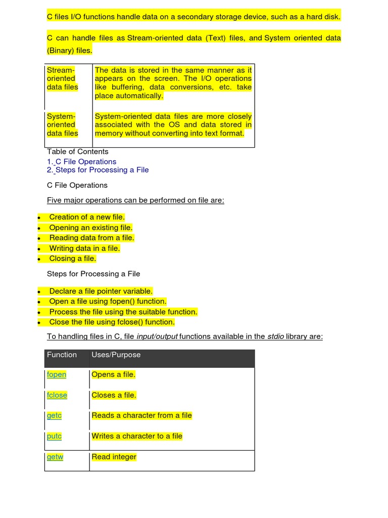 C File Operations 2 Steps For Processing A File Function Usespurpose Pdf 4498