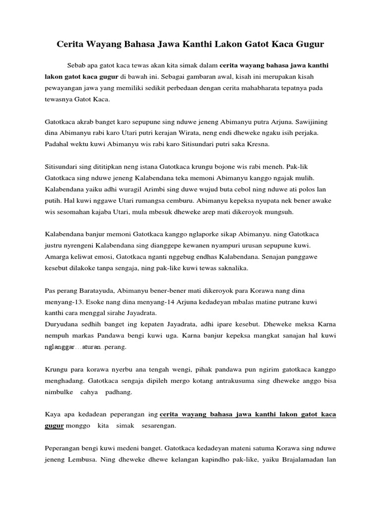 Cerita Wayang Bahasa Jawa Kanthi Lakon Gatot Kaca Gugur | PDF | Fiksi ...