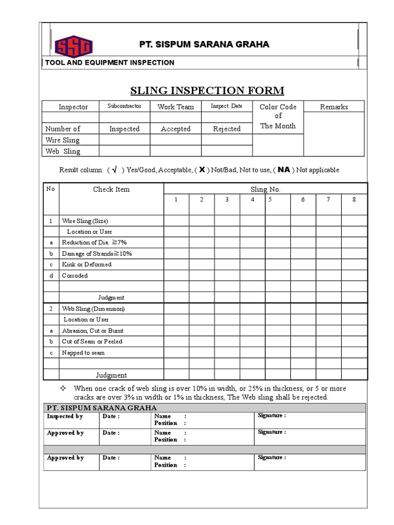 Sling Inspection Form: Pt. Sispum Sarana Graha | PDF