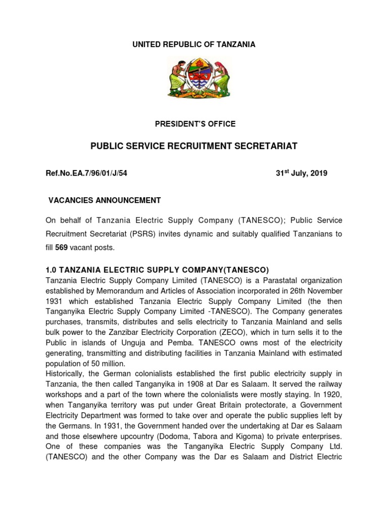 Tangazo La Kazi Tanesco | PDF | Databases | Tanzania