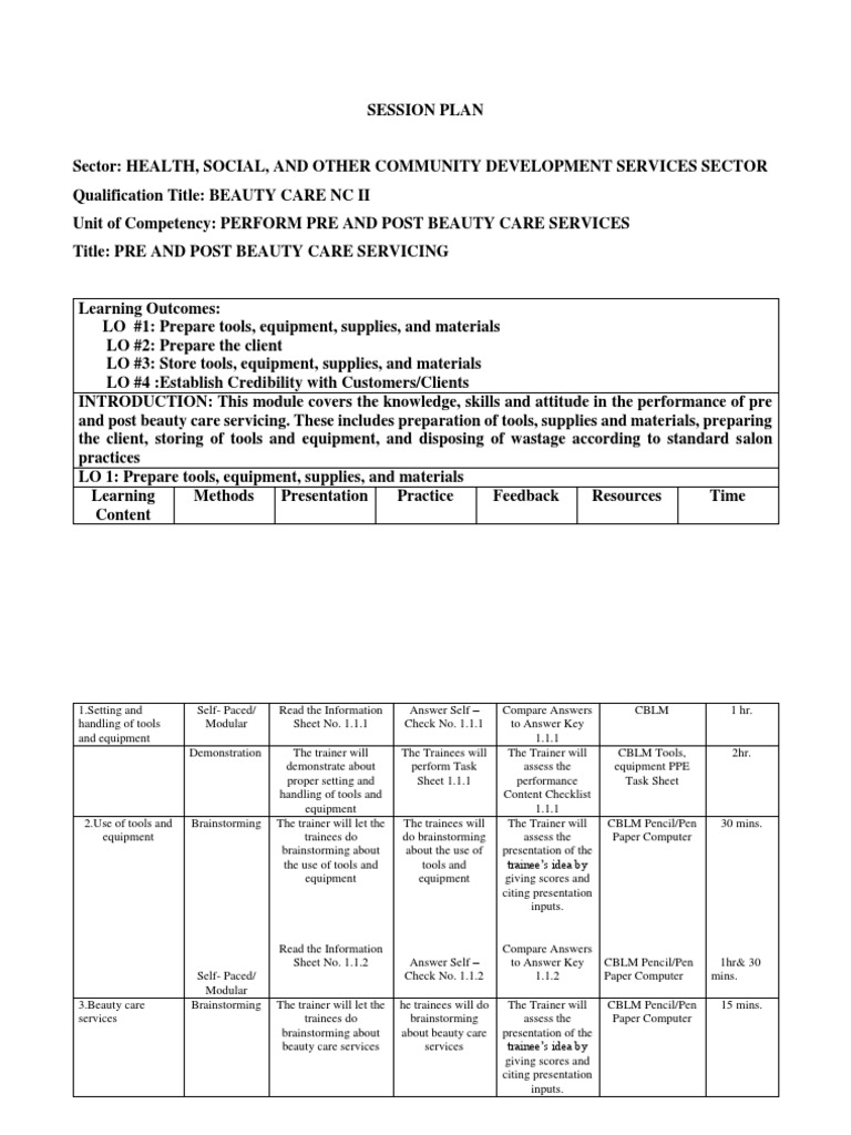 Pre and Post Beauty Care Session Plan | PDF | Brainstorming | Personal ...