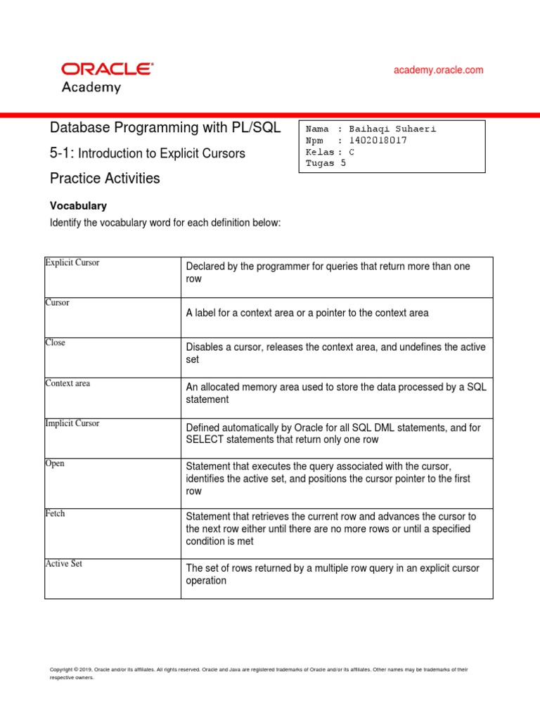Database Programming With Pl Sql 5 1 Practice Activities Introduction To Explicit Cursors