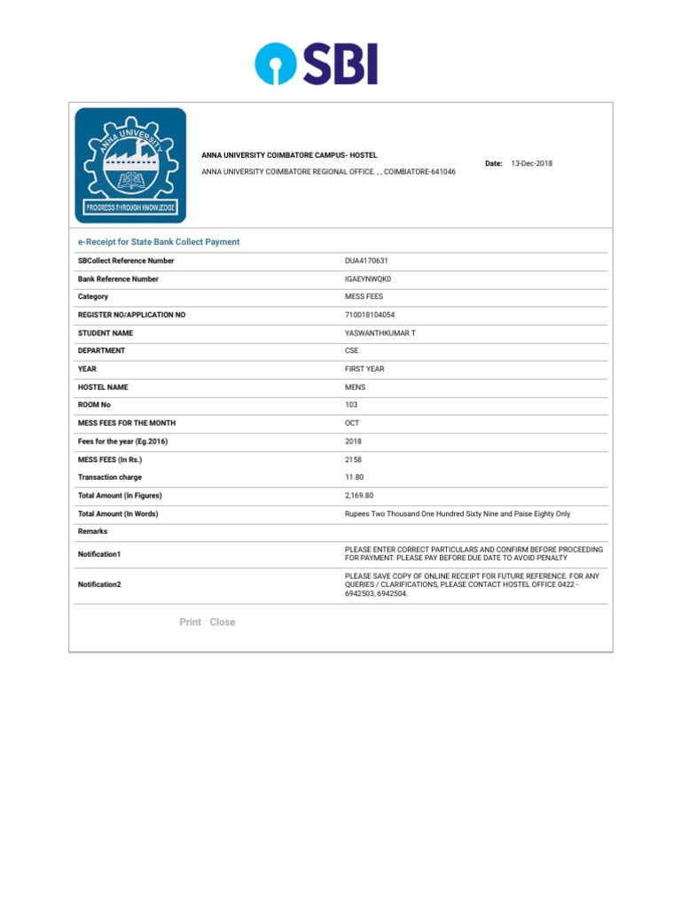 E-Receipt For State Bank Collect Payment: Print Close | PDF
