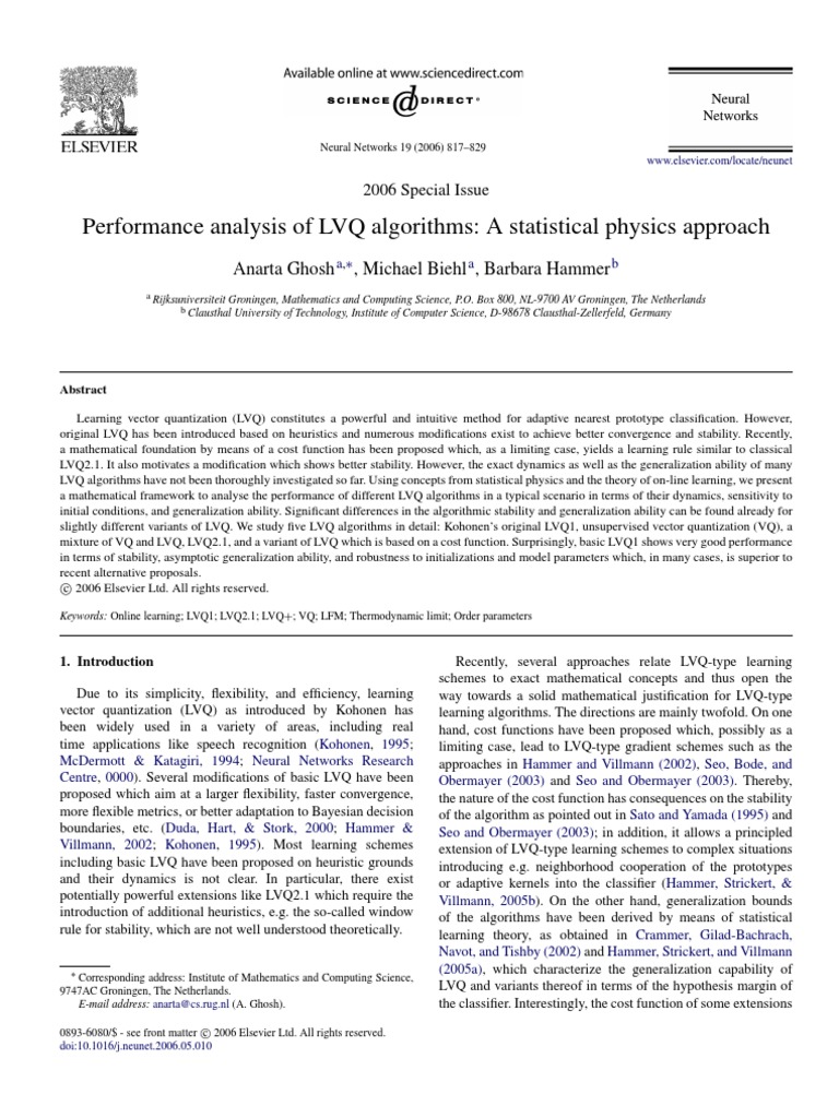 Performance Analysis of LVQ Algorithms: A Statistical Physics Approach | PDF | Mathematical ...