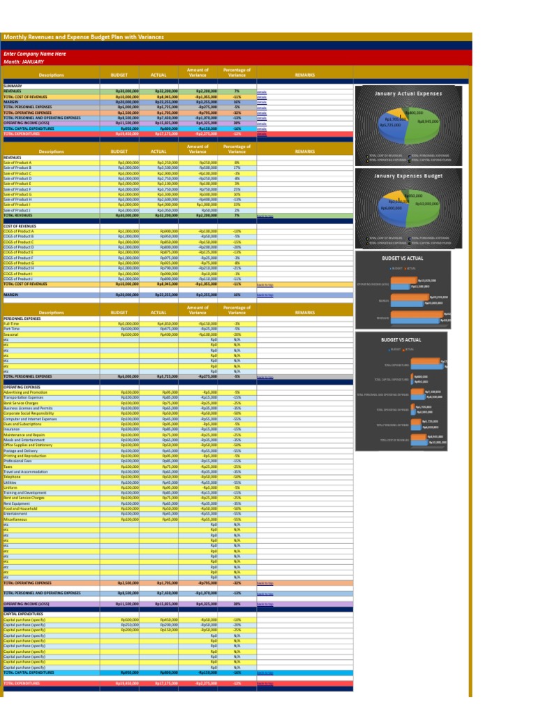 Monthly Revenues and Expense Budget Plan With Variances | PDF | Expense ...