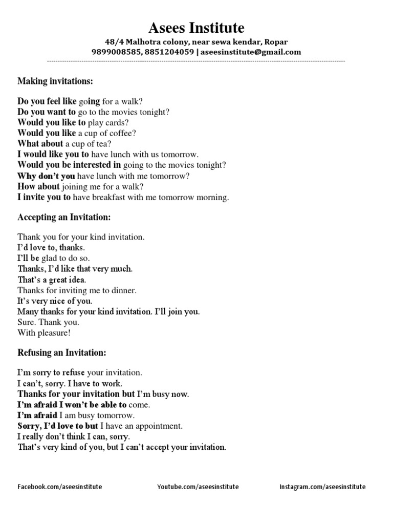 Examples of Phrases for Making, Accepting, and Refusing Invitations | PDF