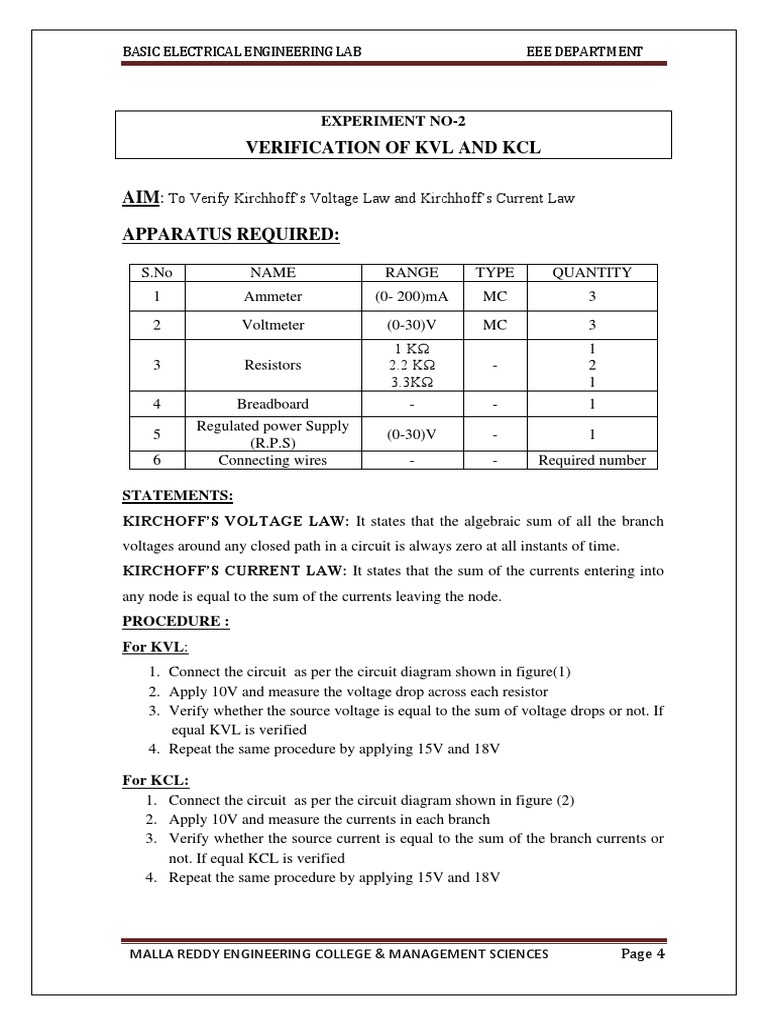 Verification Of Kvl And Kcl Pdf Voltage Electrical Network