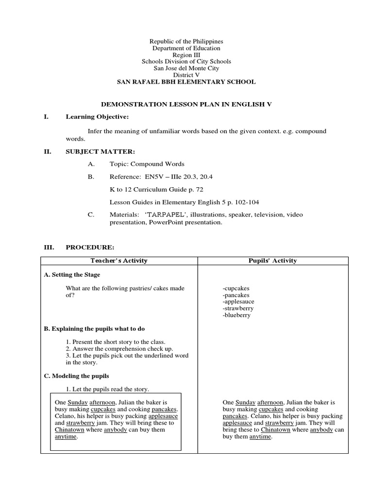 Compound Words Lesson Plan for Grade 5 | PDF | Cupcake | Lesson Plan