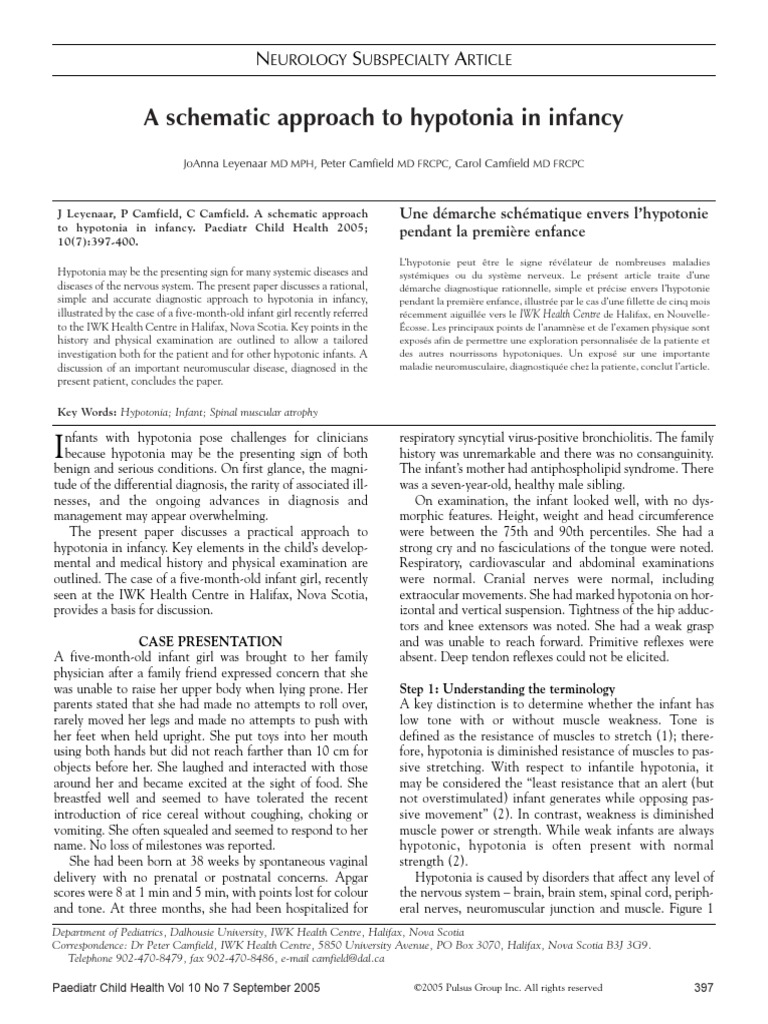 A Schematic Approach To Hypotonia in Infancy: Une Démarche Schématique ...