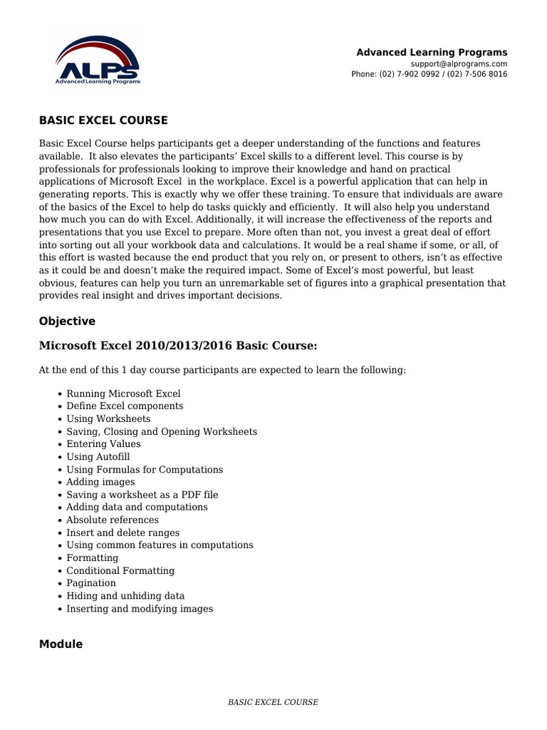 Basic Excel Course - Course Outline | PDF | Worksheet | Microsoft Excel