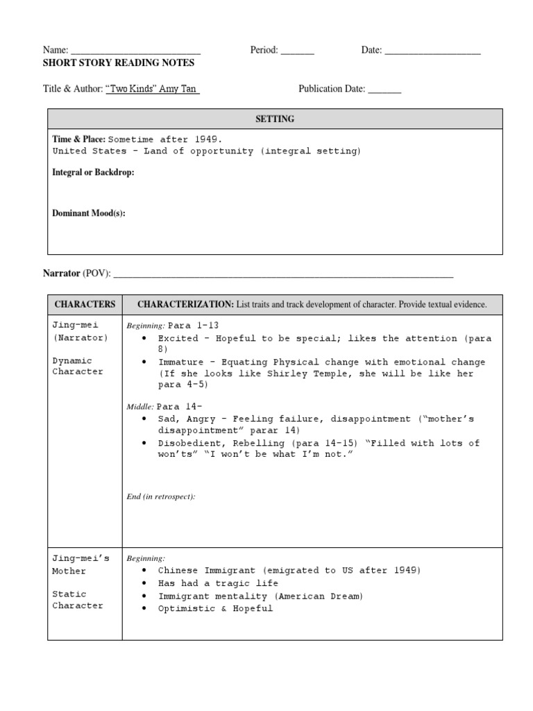 Class Notes Student Two Kinds Short Story Reading Notes Template | PDF ...