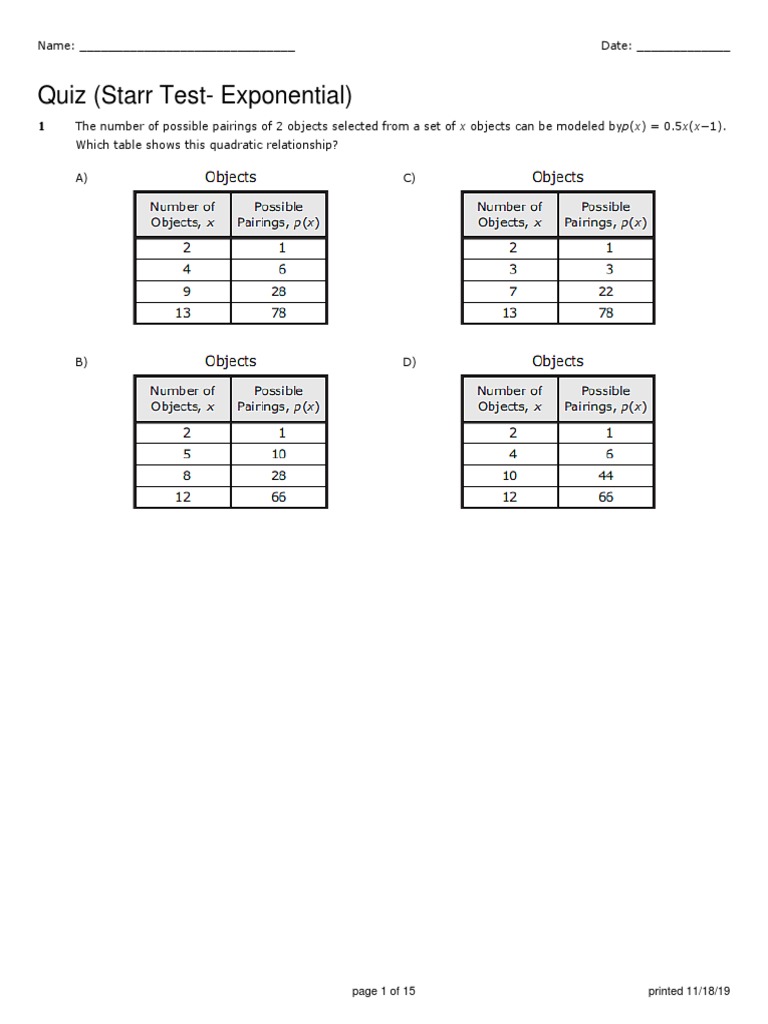Quiz (Starr Test-Exponential) : Page 1 of 15 Printed 11/18/19 | PDF ...