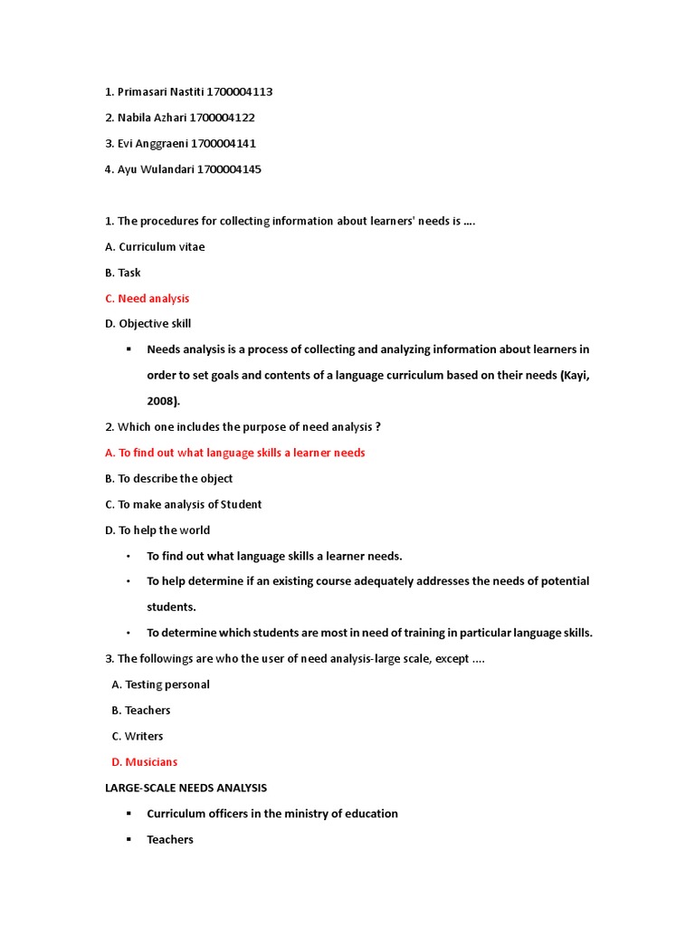 Soal Need Analysis | PDF | Survey Methodology | Questionnaire