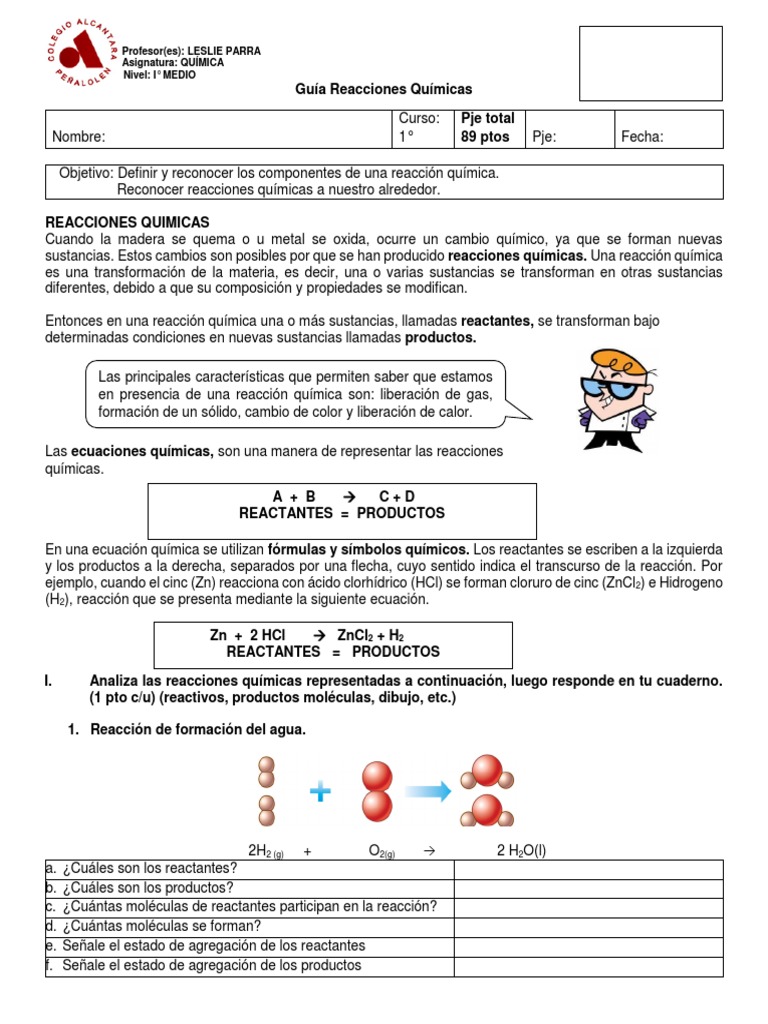 Hoja De Trabajo Para Describir Reacciones Químicas Proyecto De