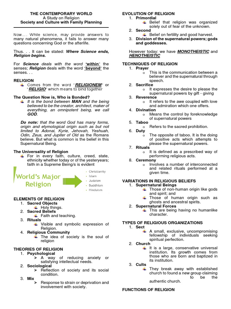 Cont. World - A Study On Religion (NOTES) | PDF | Supernatural | Rituals