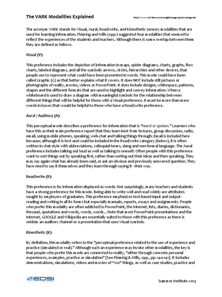 An In-Depth Exploration of the Four Modalities of the VARK Model for ...