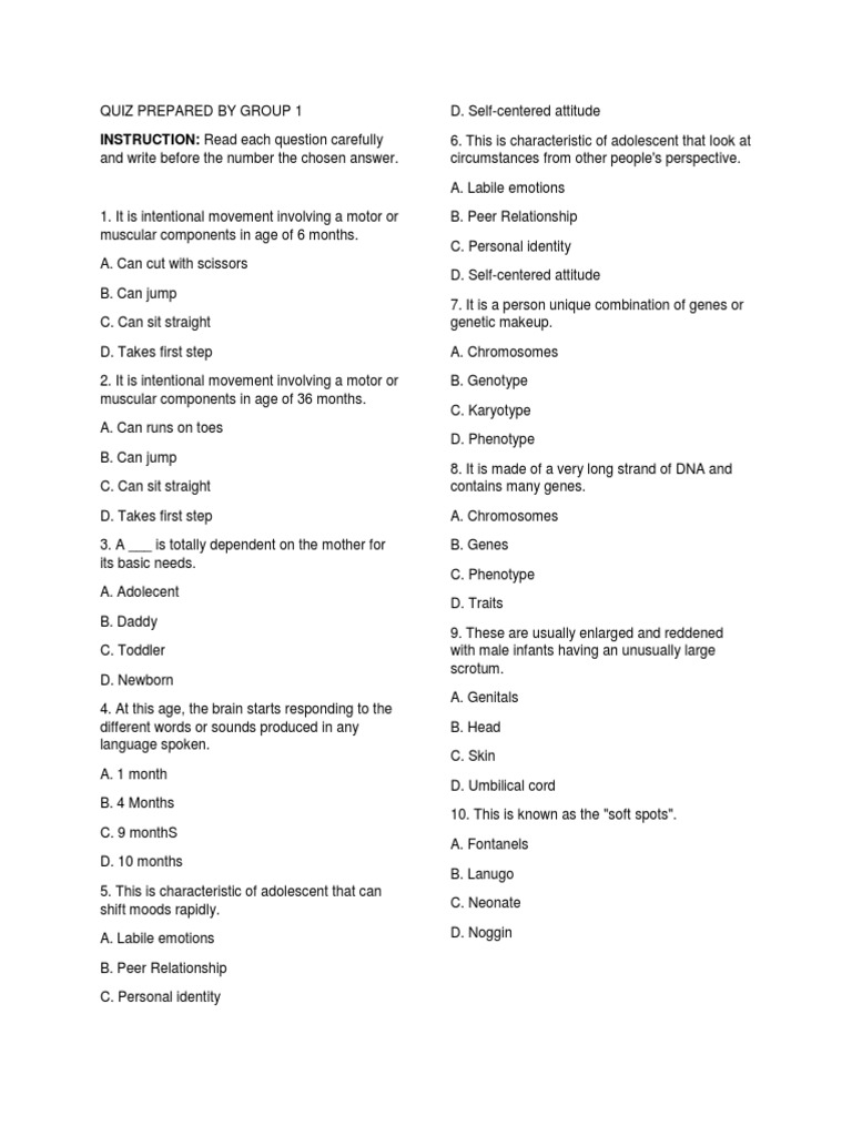 INSTRUCTION: Read Each Question Carefully | Download Free PDF | Infants ...