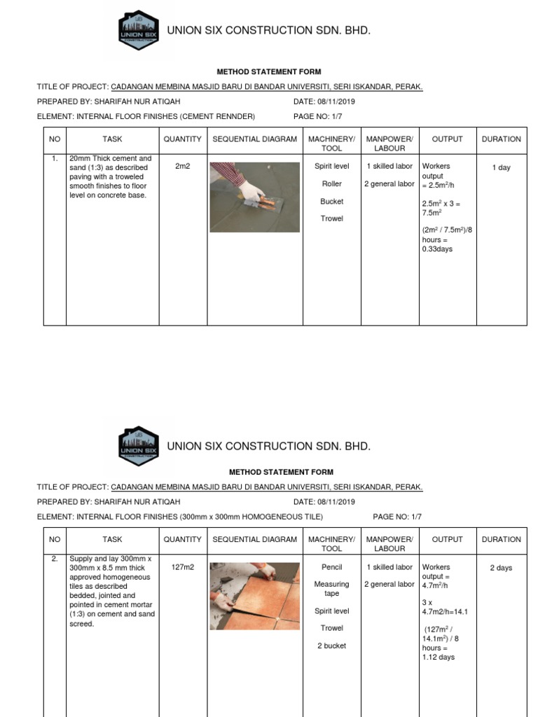 Union Six Construction Sdn. BHD.: Method Statement Form | PDF ...