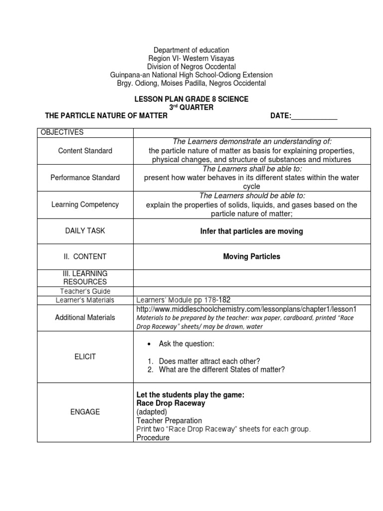 Lesson Plan Grade 8 Science 3 Quarter The Particle Nature of Matter ...