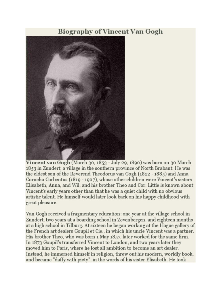 Biography of Vincent Van Gogh | PDF | Vincent Van Gogh | Paintings