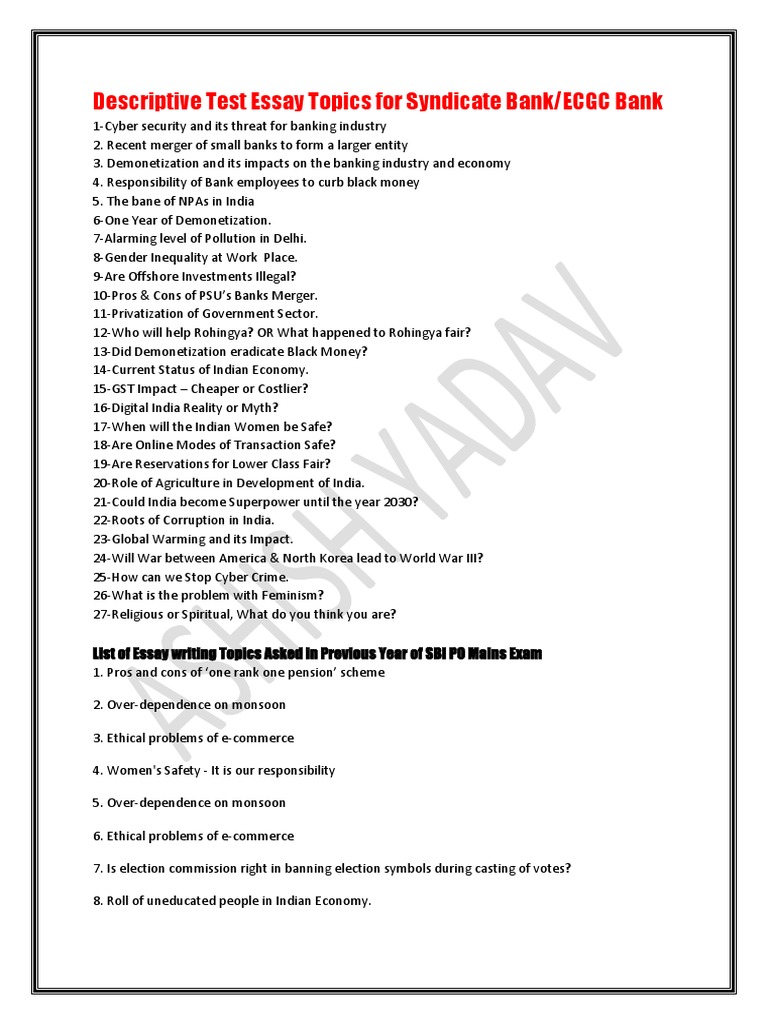 Descriptive Test Essay Topics For Syndicate Bank ECGC Bank | PDF ...