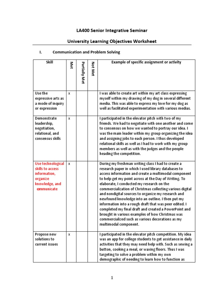 LA400 Senior Integrative Seminar University Learning Objectives ...