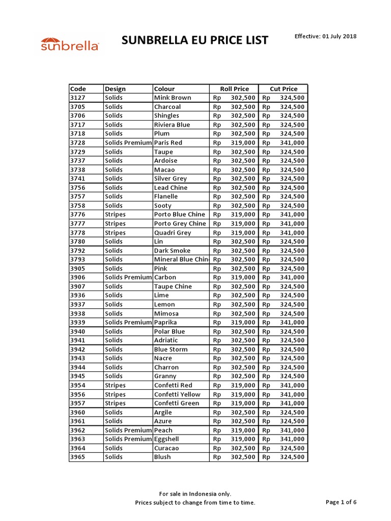 Sunbrella Euro Price List (17.07.18) - 2 PDF | PDF | Art Materials | Color