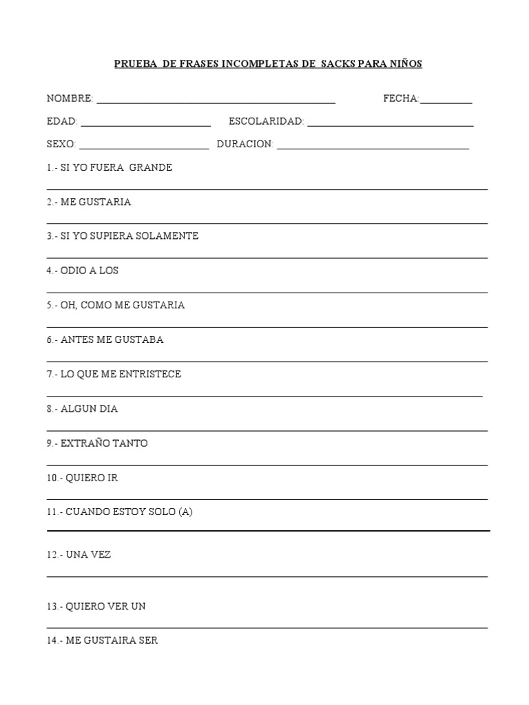 Test de Frases Incompletas Sacks Infantil | PDF