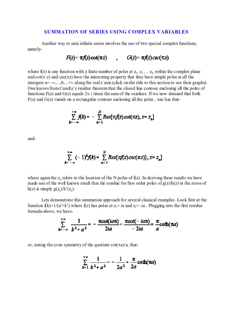 Summation of Series Using Complex Variables | PDF | Series (Mathematics ...