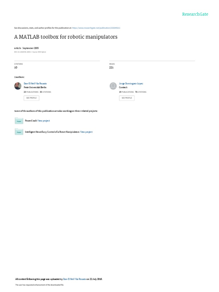 A MATLAB Toolbox For Robotic Manipulators: September 2005 | PDF | Kinematics | Force