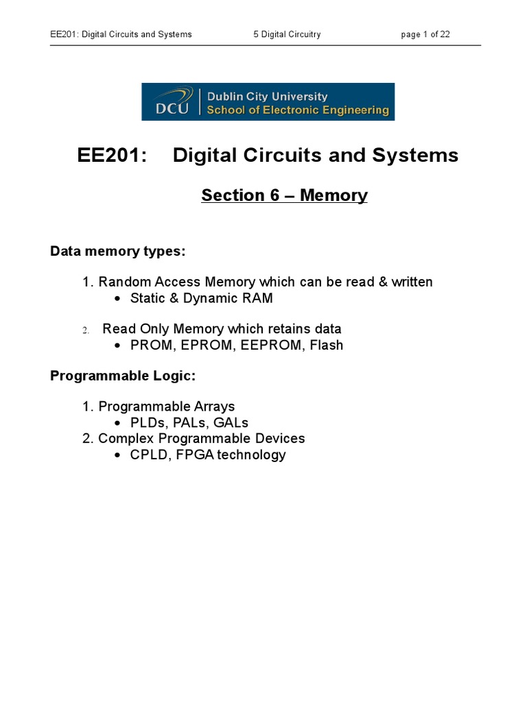 EE201: Digital Circuits and Systems: Section 6 - Memory | Download Free PDF | Dynamic Random ...
