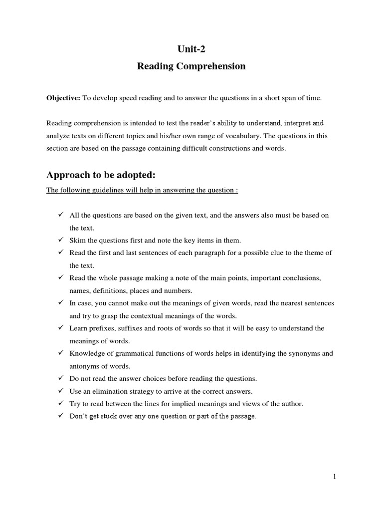 Unit-2 Reading Comprehension: Objective: To Develop Speed Reading and ...