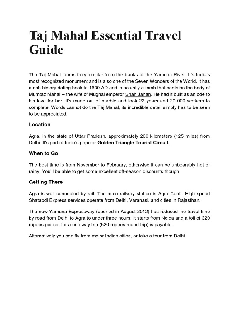 Taj Mahal Travel Guide Essentials | PDF