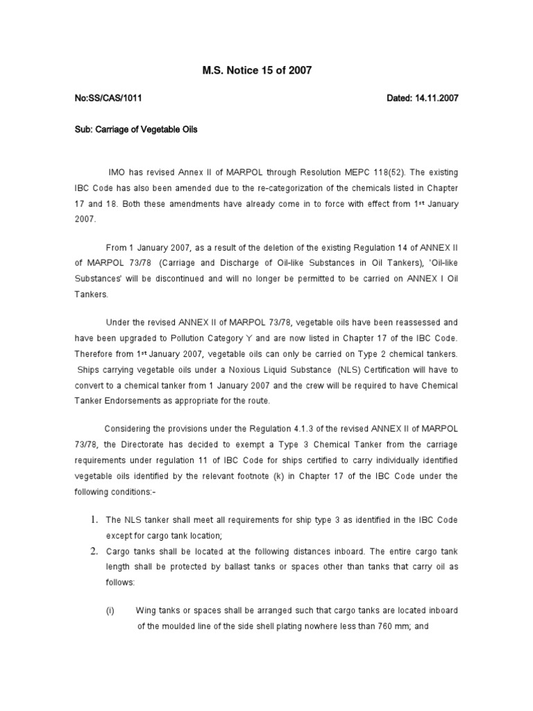 M.S. Notice 15 of 2007 | PDF | Oil Tanker | Ships