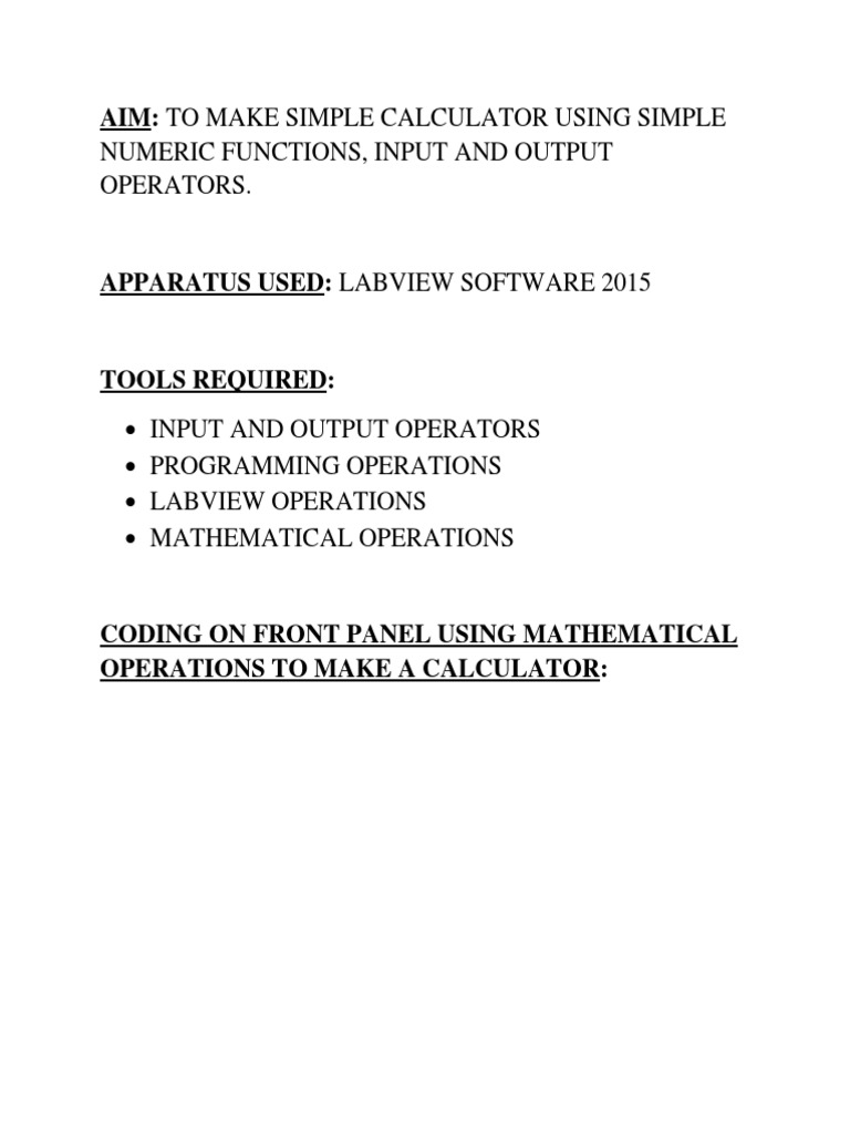 Numeric Functions, Input and Output Operators.: Aim: To Make Simple Calculator Using Simple ...
