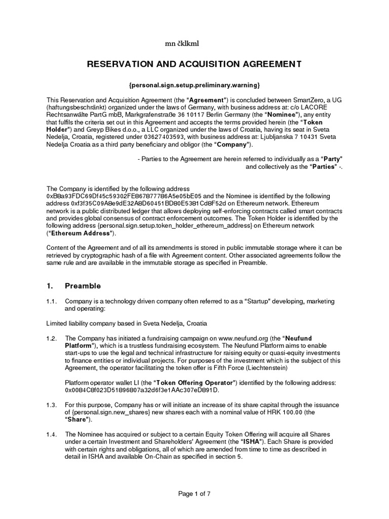 Reservation and Acquisition Agreement | Download Free PDF | Mergers And ...