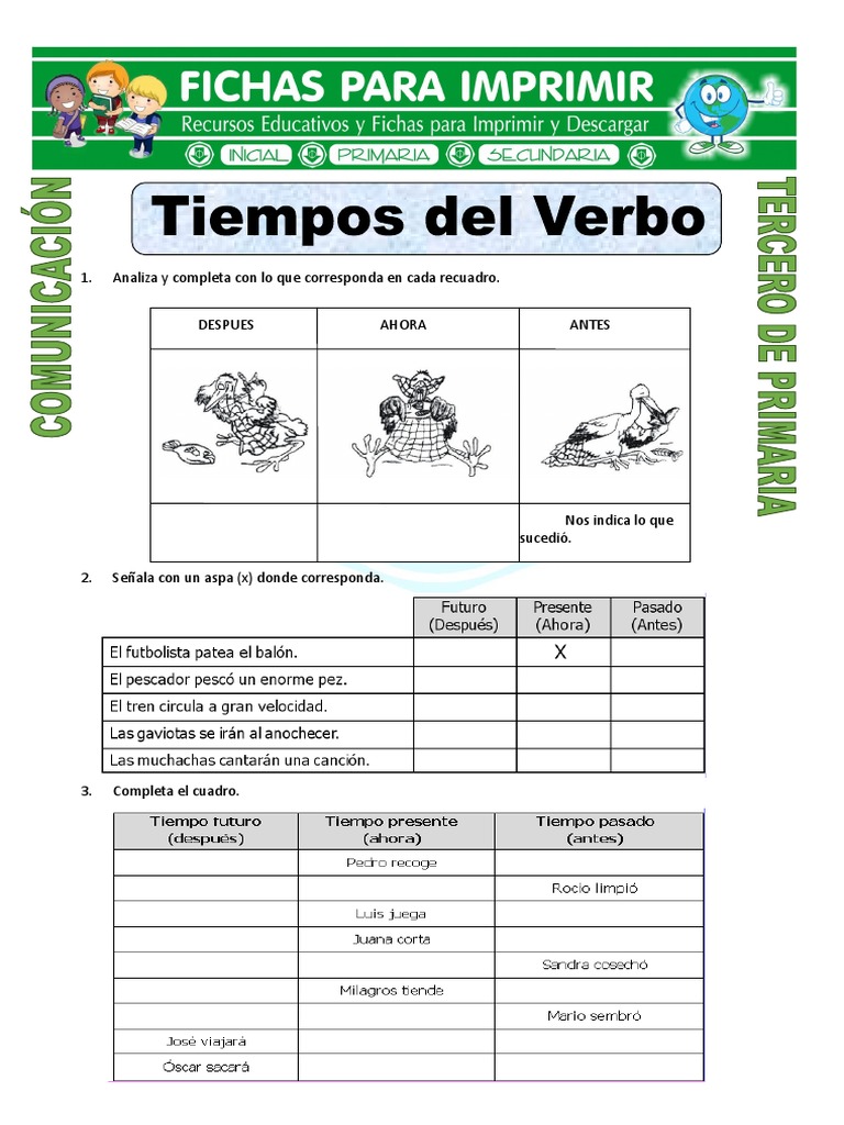 Ficha Tiempos Verbales para Tercero de Primaria | PDF