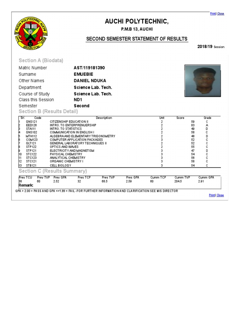 Auchi Poly Semester Result 2019 | PDF | Science