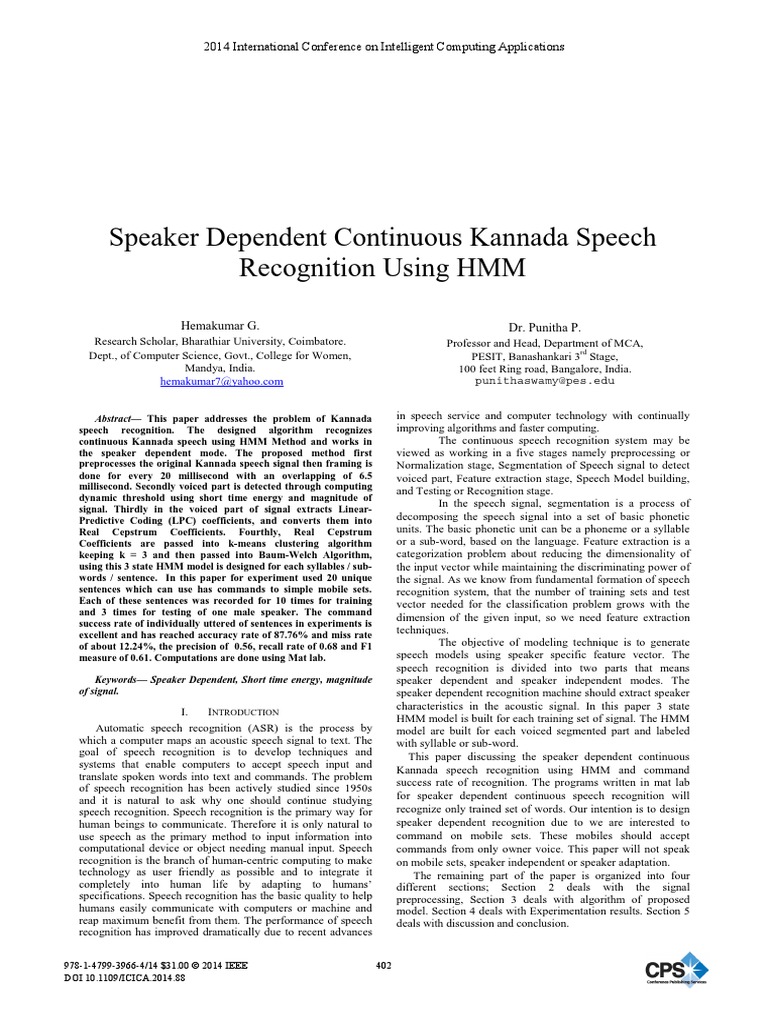 Speaker Dependent Continuous Kannada Speech Recognition Using HMM | PDF | Speech Recognition ...