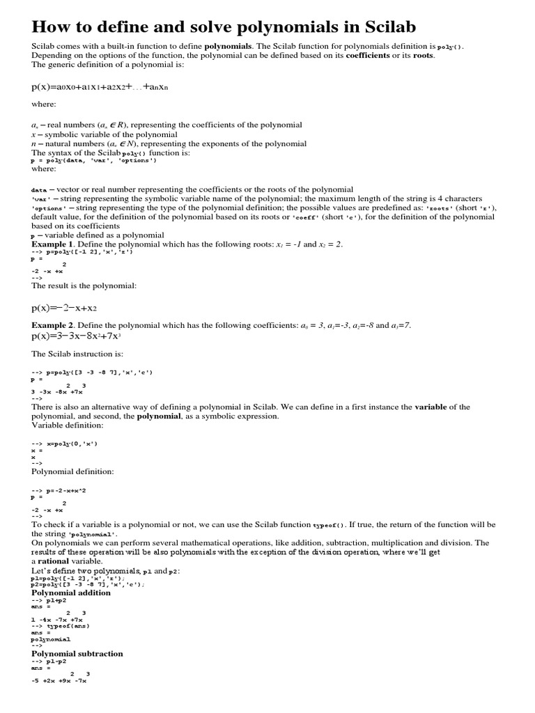 DefineSolve Polynomials in Scilab | PDF | Polynomial | Variable ...