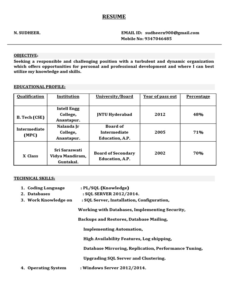 Sudheer SQL DBA Fresher Resume | PDF | Microsoft Sql Server | Databases