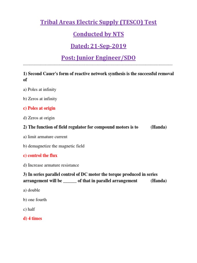 TESCO Junior Engineer Test | PDF | Electric Motor | Series And Parallel ...
