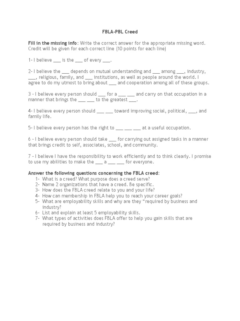 Fbla Creed Worksheet | PDF