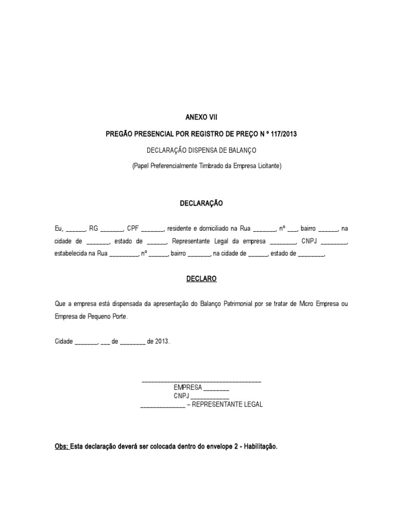 04 7 Anexo Vii Declaração De Dispensa De Balanço Microempresas Pdf