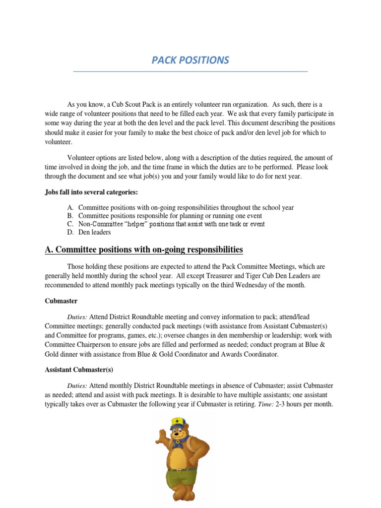 Pack Positions: A. Committee Positions With On-Going Responsibilities ...