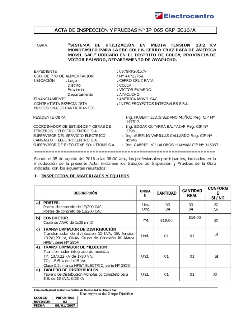 Acta de Inspeccion y Pruebas MT 065. | PDF | Ingenieria Eléctrica | Ingeniería de Edificación
